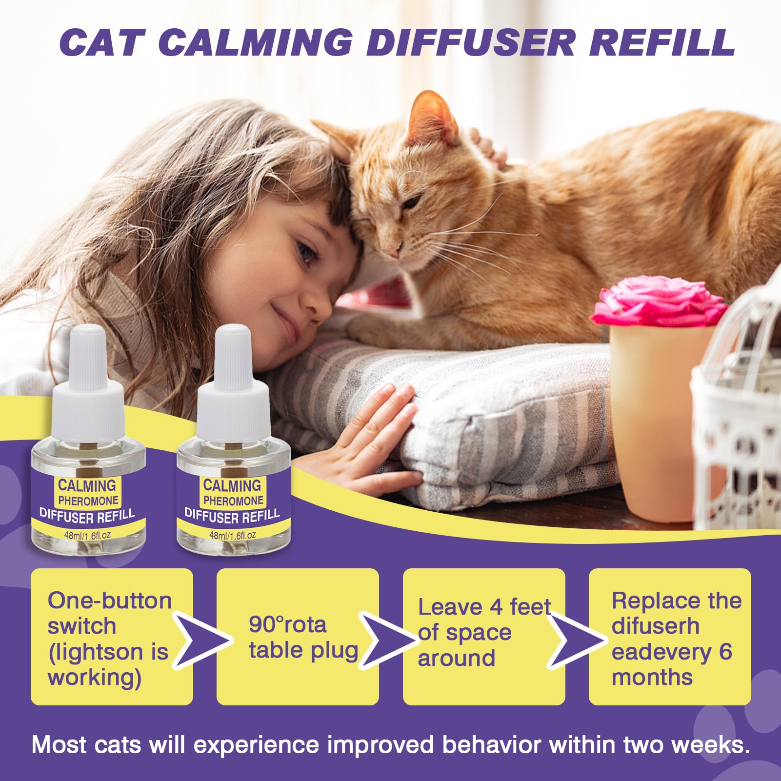 Cat Calming Diffuser Refill, 8 Pack Pheromones for Cats Multicat Diffuser Plug in Refill Pheromone to Calm Cats Soothing Feline Anxiety Stress 48ml Each Fit All Common Diffusers
