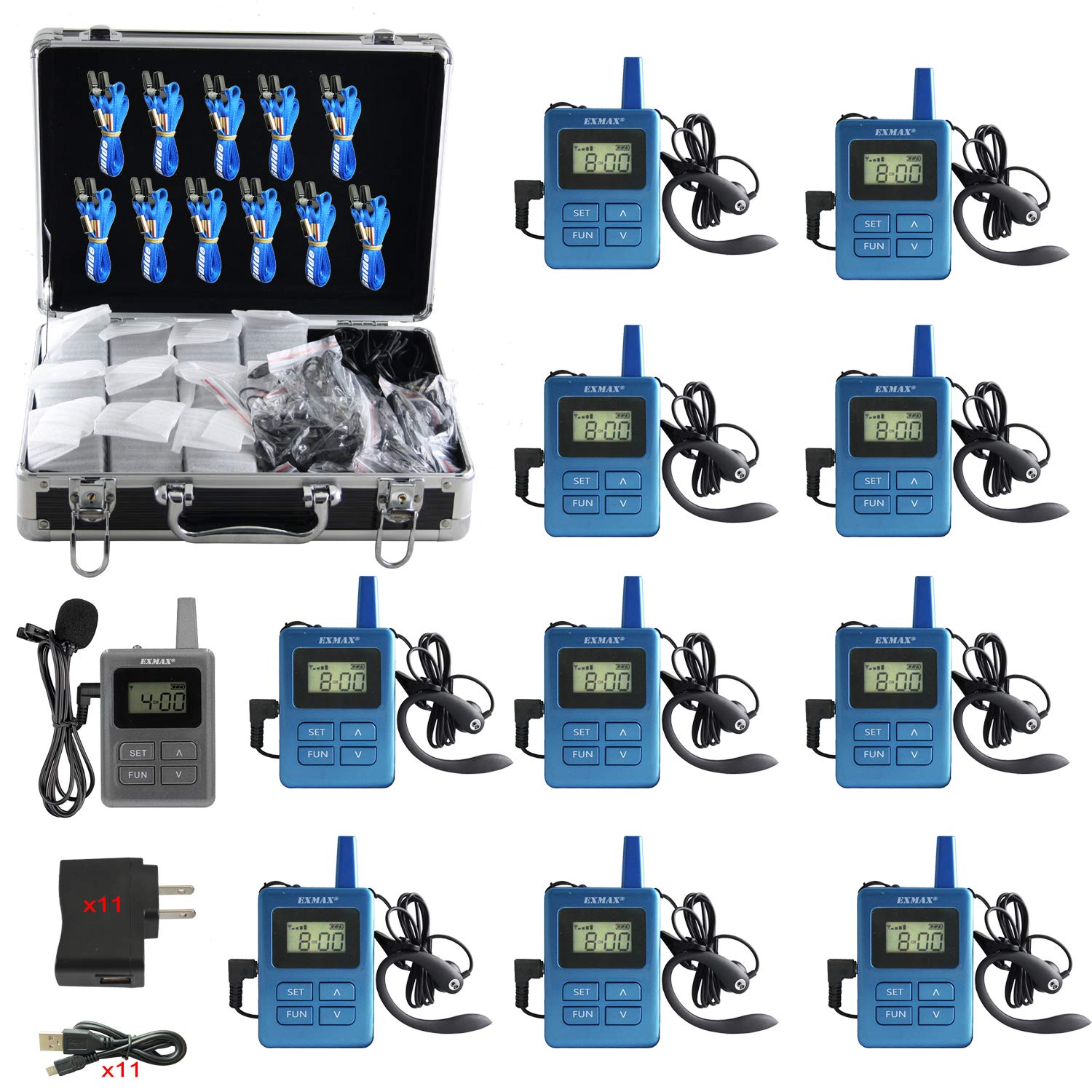 EXMAX ELGT-470 UHF Wireless Tour Guide Acoustic Audio Voice Transmission System 100 Channels for Private Speech Social Distancing Training Meeting Travel 1 Transmitter 10 Receivers Black Storage Case