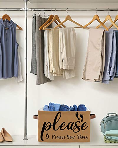 Please Remove Your Shoes Storage Basket Waterproof Cube Storage Bin Organizer with Handles, Farmhouse Brown Collapsible Storage Cubes Bins for Clothes Books Toys 15"x11"x9.5"