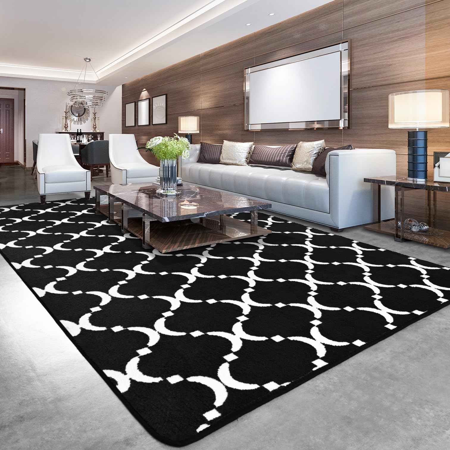Comeet Modern Geometric Shag Area Rug for Bedroom, 6'x9' Memory Foam Floor Mat Washable Non-Slip Rug, Indoor Carpet for Living Room, Bedside, Office, Kids Nursery Dorm, Room Decor Black/White