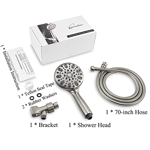 Couradric Handheld Shower Head, 6 Spray Setting High Pressure Shower Head with Brass Swivel Ball Bracket and Extra Long Stainless Steel Hose, Brushed Nickel, 5"