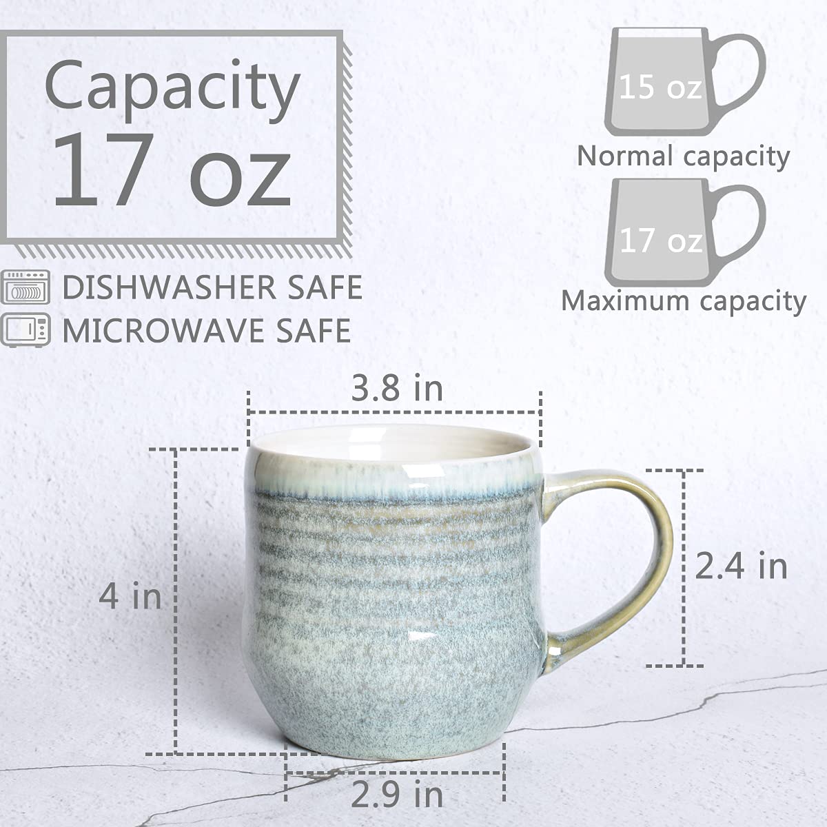 Bosmarlin Large Ceramic Coffee Mugs Set of 2, 17 Oz, Big Tea Cup for Office and Home, Dishwasher and Microwave Safe (Willow Green, 2)