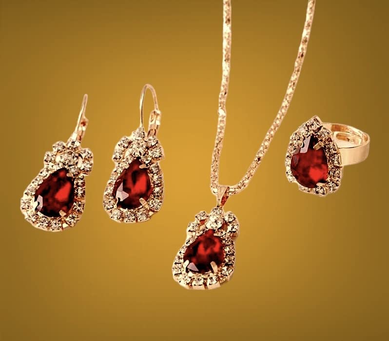 EONLINE Fashion Gemstone Claw Chain Diamond Necklace Earrings Ring Three Piece Jewelry Sets (Red Gemstone)