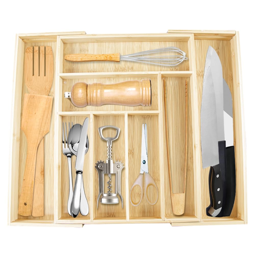 Bamboo Drawer Organizer for Utensils Holder,Silverware Organizer Kitchen Drawer Expandable Bamboo Cutlery Tray, Adjustable Wood Cutlery Tray in Drawer for Flatware and Silverware in Kitchen (yellow)