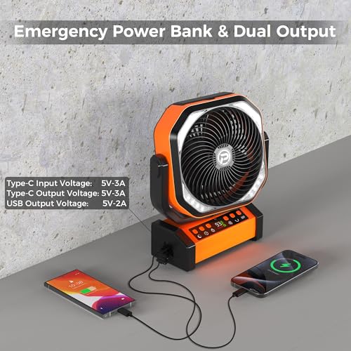 Camping Fan with LED Lantern, 20000mAh Rechargeable Battery Fan, Max 112Hrs Running,9 Speeds, Digital Display,4 Timer,Auto-Oscillating Table Fan with Remote & Hook for Camping, Power Outage, Hurricane