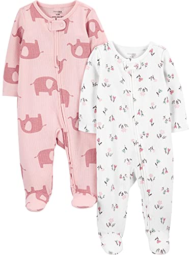 Simple Joys by Carter's Baby Girls' 2-Way Zip Thermal Footed Sleep and Play, Pack of 2, Ivory Floral/Pink Elephants, 3-6 Months