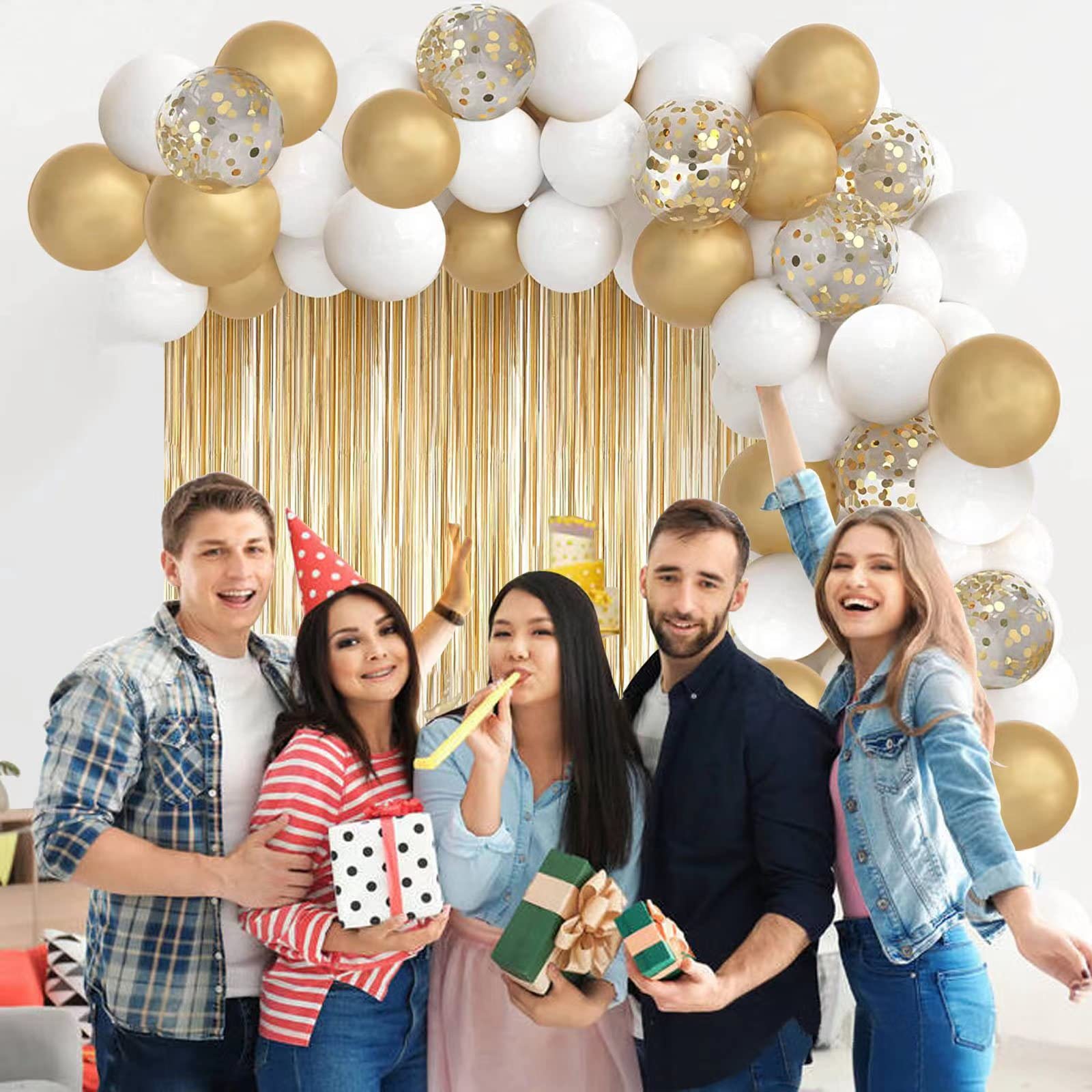 White and Gold Balloon Garland Arch Kit , White and Gold Party Decorations with 1pcs Gold Tinsel Curtains for Graduation Party New Years Birthday Anniversary