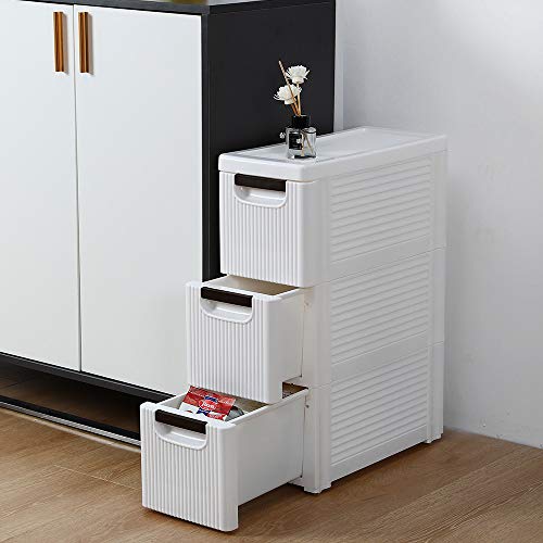 Dresser Storage Drawer Units Narrow Rolling Storage Cabinet Plastic Drawer Storage Cart on Wheels,Standing Shelf Units for Bathroom Bedroom Office Kitchen Living Room (White-3-Tire with Wheels)