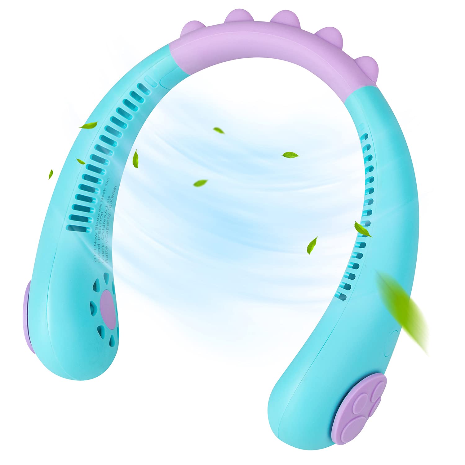 ICEBIRDS Portable Neck Fan for Kids 2021 New Bladeless Fan, USB Rechargeable Battery Operated Hanging Personal Mini FanïŒCartoon Headphone Design, Wearable Creative Leafless FanïŒ3 Speeds-Dinosaur Cyan