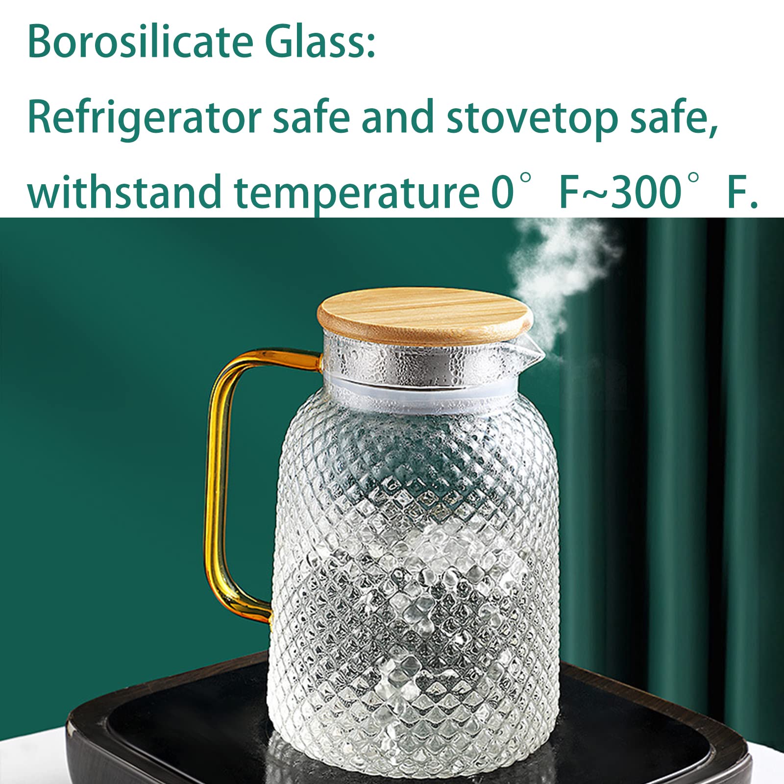 BPFY 1 Pack 60oz Glass Pitcher, Glass Pitcher with Lid and Spout, Glass Water Pitcher, Iced Tea Pitcher for Fridge, Glass Carafe for Cold or Hot Beverages,Glass Jug for Water, Sun Tea, Milk