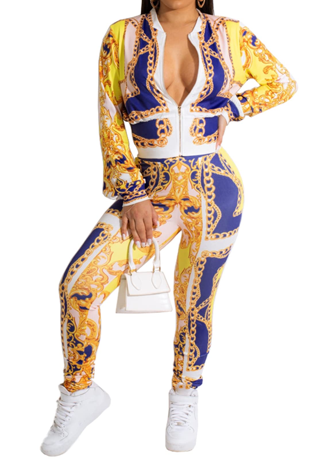 Bluewolfsea Two Piece Outfits for Women Jogger Tracksuits Long Sleeve Zipper Floral Print Jumpsuits Sweatsuits Sets Yellow Medium