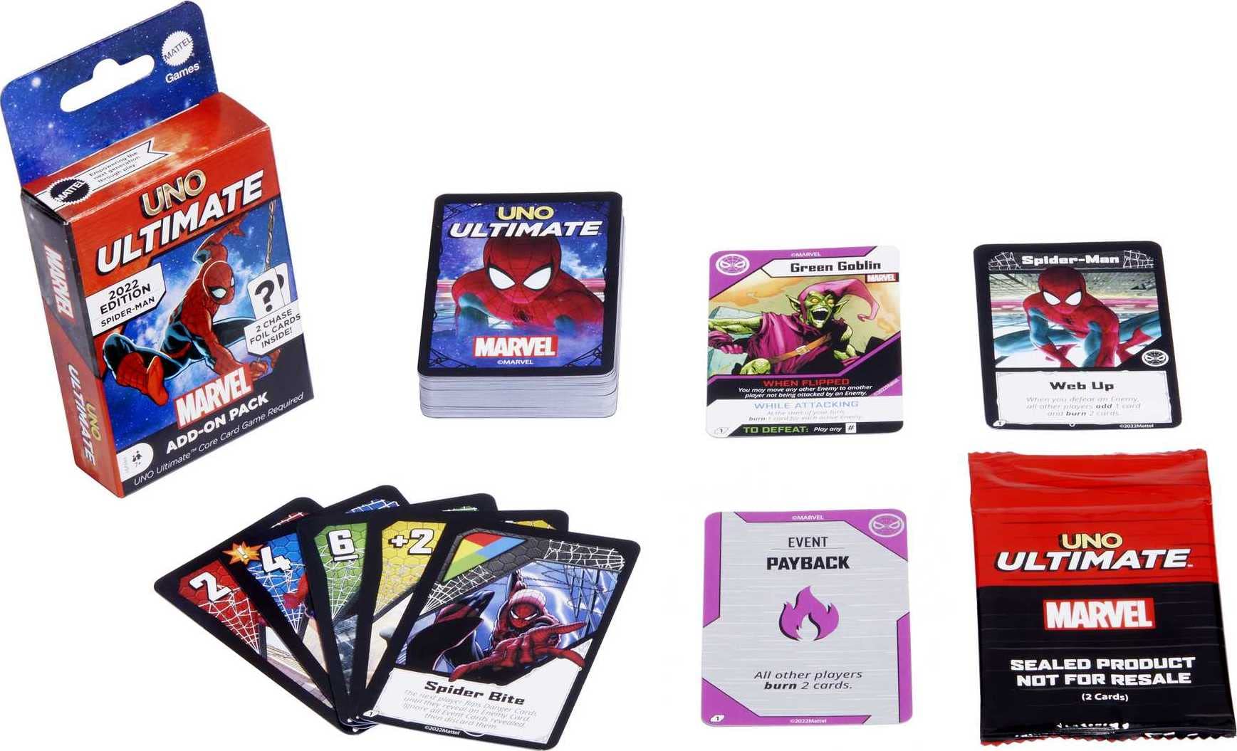 Mattel Games UNO Ultimate Marvel Card Game Add-On Pack with Spider-Man Character Deck & 2 Collectible Foil Cards, Gift for Collectors & Kids Ages 7 Years & Older