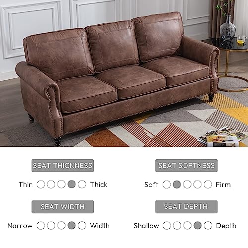 Dreamsir 79'' Traditional Faux Leather Sofa Couch with Nailhead Trim, Classic 3-Seater Sofa with Rolled Arms for Living Room, Bedroom, Apartment, Easy Assembly (Dark Brown)