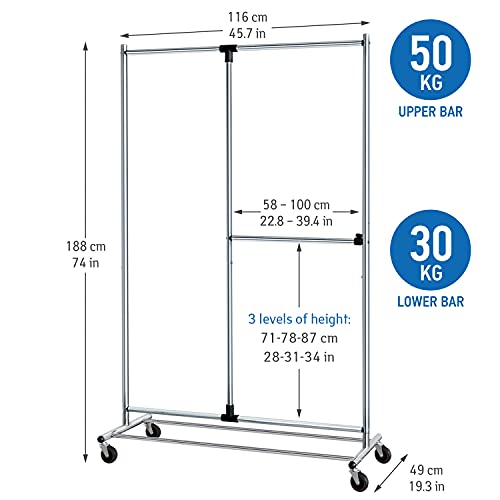 Tatkraft Marvel Heavy Duty Adjustable Clothes Rack on Wheels, Rolling Double Rod Garment Rack, Chromed Steel