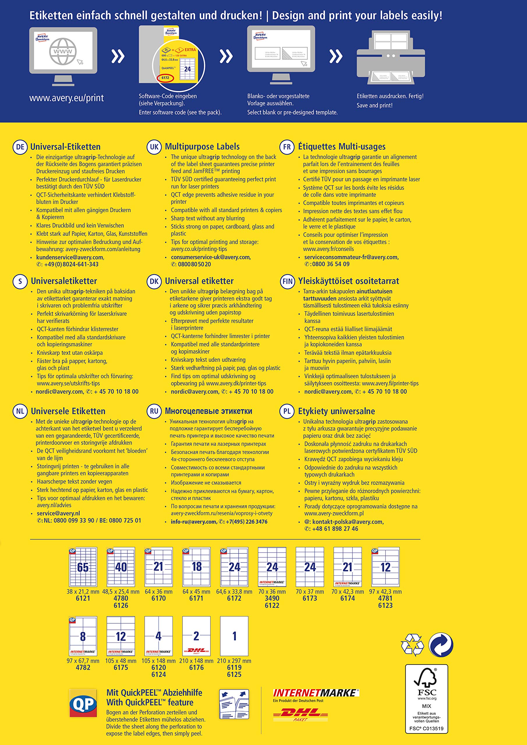 Avery Zweckform 6170 Labels 64 x 36 mm Quick-Peel 25 Sheets