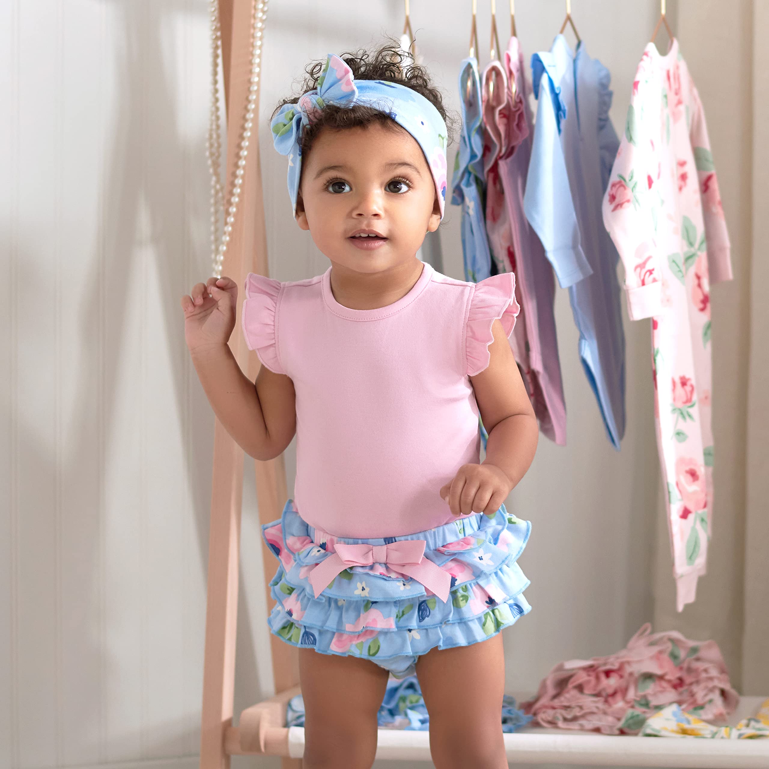 Gerber Baby Girls 3-Piece Short Sleeve Onesies, Diaper Cover & Headband Set, Blue Rose, 0-3 Months