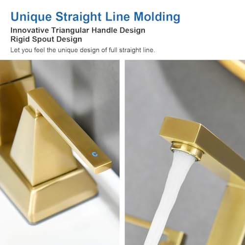 BRAVEBAR Brushed Gold 2 Handle Bathroom Faucet - 4In Centerset Faucet Bathroom | Modern Brass Faucets for Bathroom Sink with Pop Up Drain Assembly & 360° Swivel Spout Gold