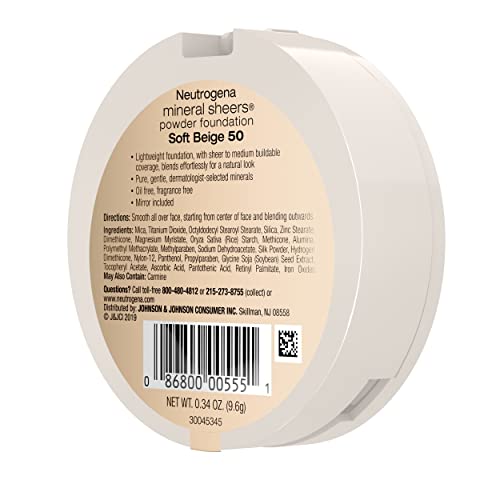 Neutrogena Mineral Sheers Compact Powder Foundation, Lightweight & Oil-Free Mineral Foundation, Fragrance-Free, Soft Beige 50.34 oz