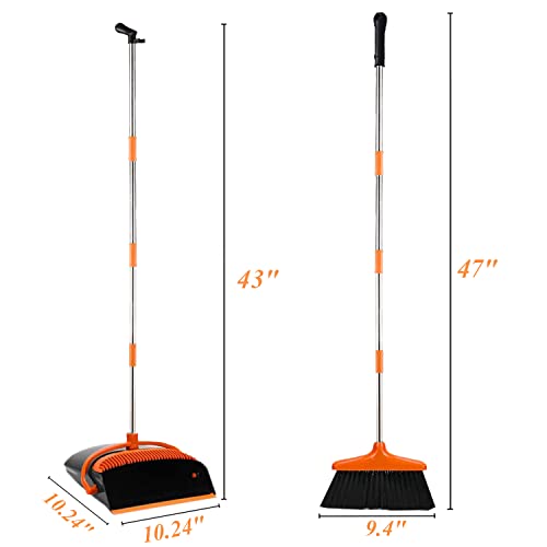 Broom and Dustpan Set-Self Cleaning with Dustpan Teeth Standing Dust Pan Self Cleaning with Dustpan Teeth Standing Dust Pan for Home Kitchen Easy Assembly, Orange