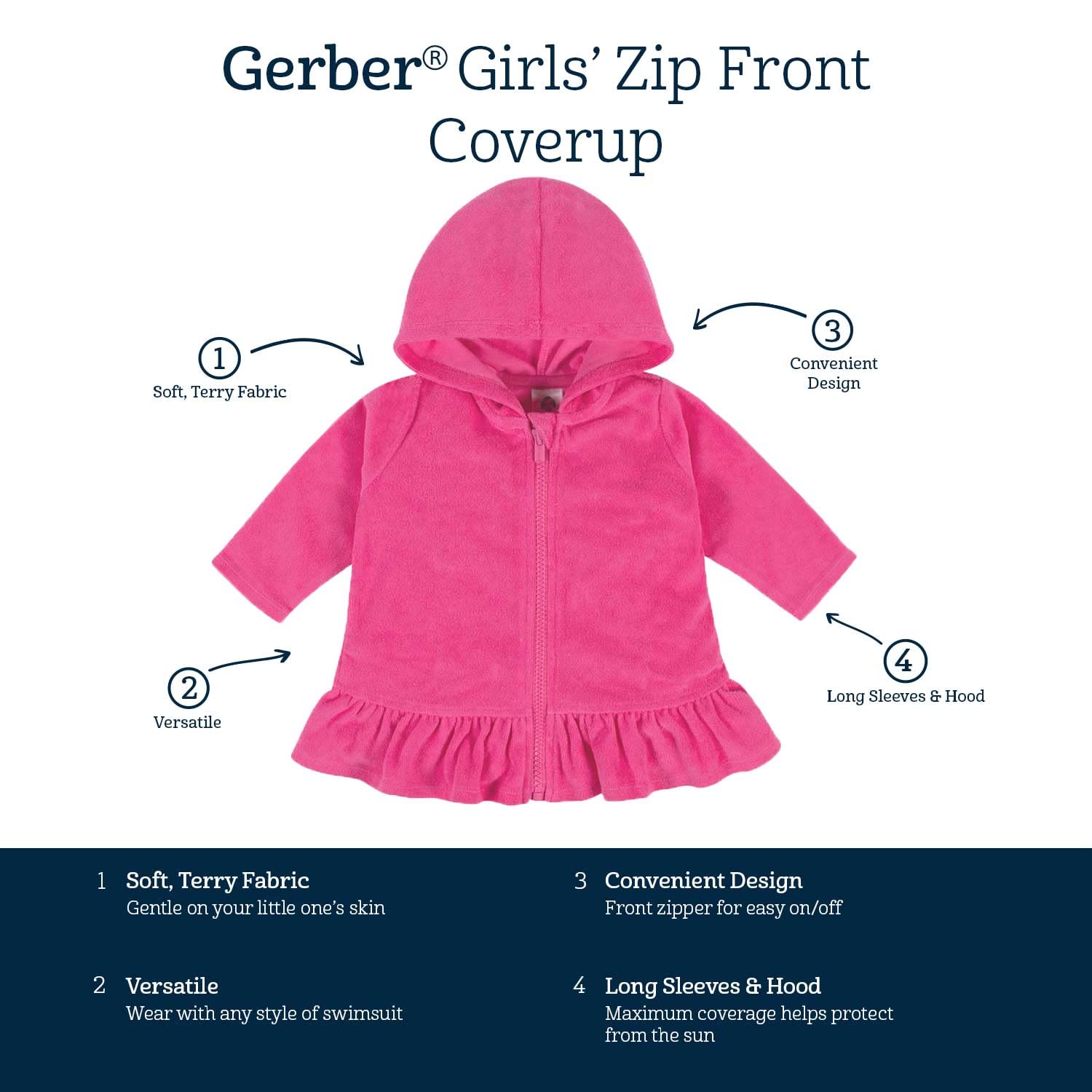 Gerber Girls' Toddler Zipper Hoodie Terry Swimsuit Cover Up, Pink, 3T
