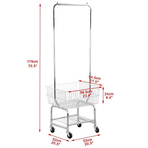 Yaheetech Rolling Laundry Bakset with Wheels, Laundry Cart with Hanging Rack, Metal Laundry Hamper Basket Butler Cart with Wheels and Wire Storage Rack, Silver