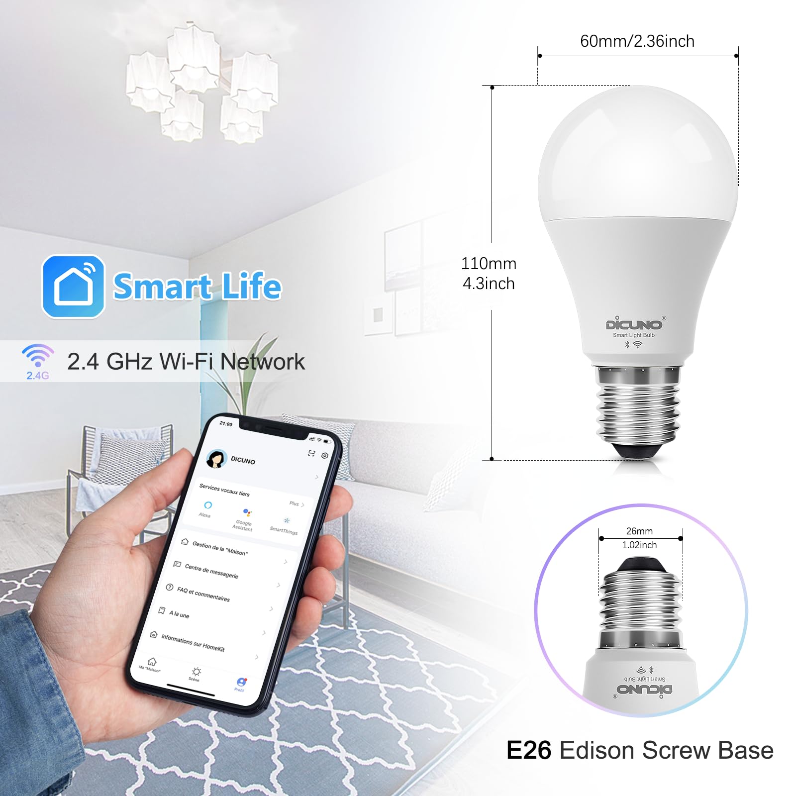 DiCUNO Smart Light Bulbs, Full Color Changing Bulb, Work with Alexa, Google Assistant, No Hub Required, RGBCW Multicolor Dimmable Smart LED WiFi Bluetooth A19 E26 9W 800LM Lights, 1-Pack