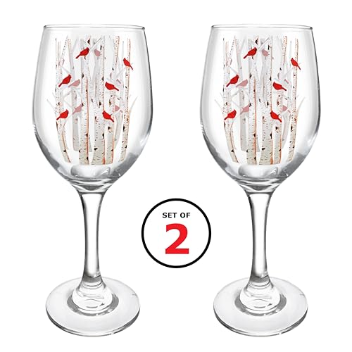BANBERRY DESIGNS Cardinal Wine Glass - Set of 2 - Stemmed Glasses - Cardinals Perched on White Birch Trees - 7 3/4" Tall 12 oz