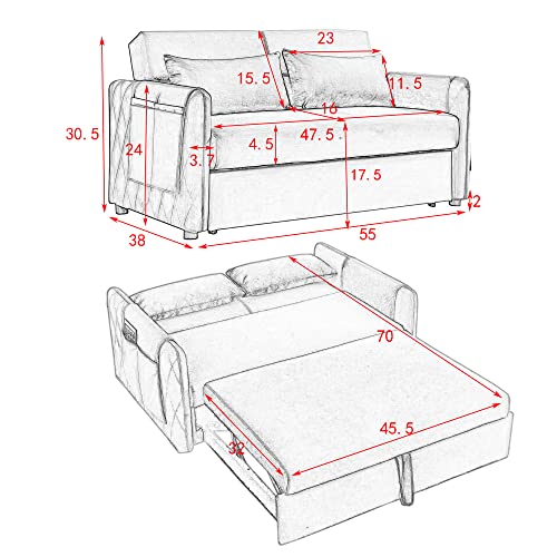 Eafurn 3 in 1 Multi-Functional Convertible Sleeper Sofa Bed, Modern Velvet Loveseat Sofa & Pull Out Couch Reclining Adjustable Backrest and 2 Pillows Grid Design Armrests for Apartment Living Room