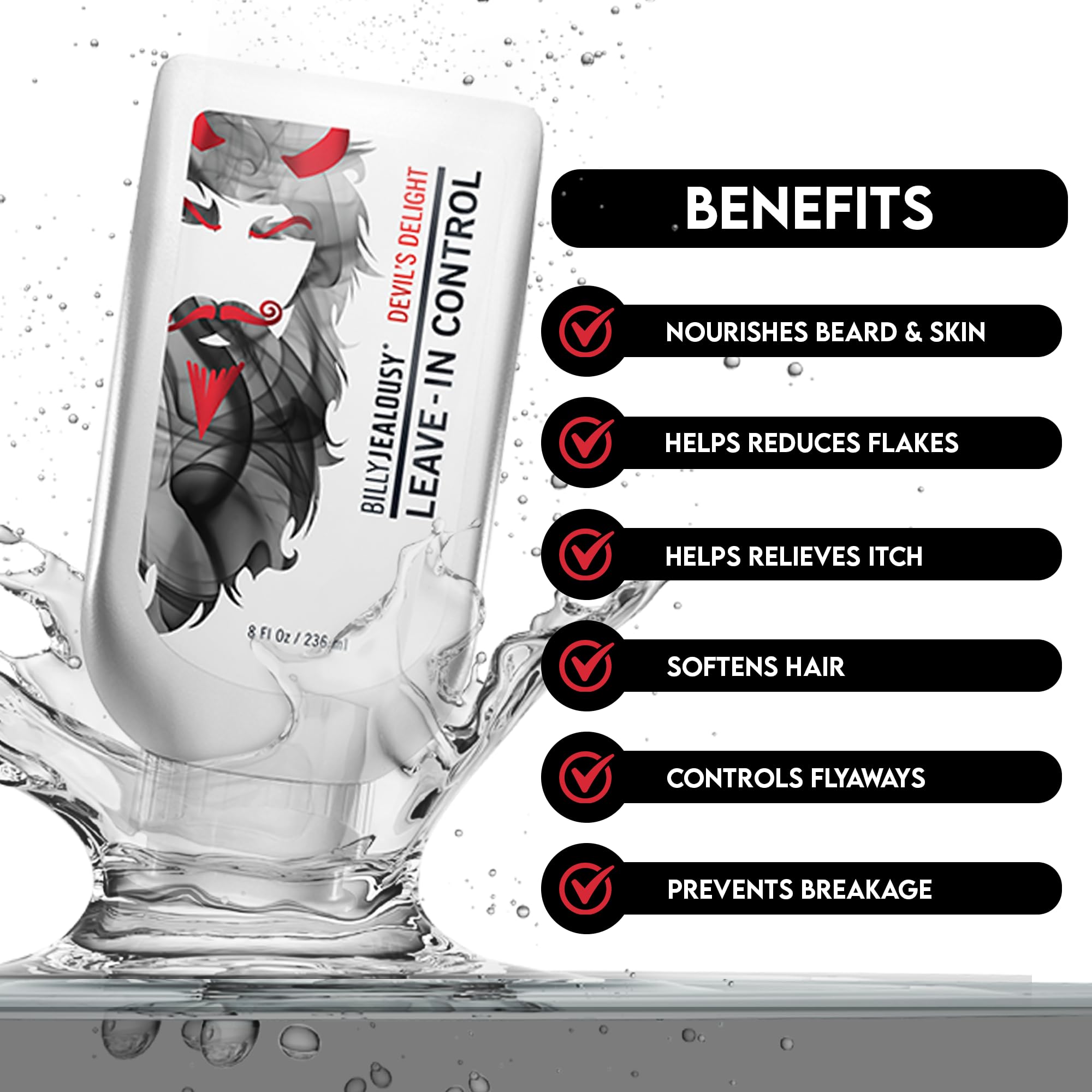 Billy Jealousy Devils Delight Beard Control Leave in Beard Conditioner for Men with Aloe Leaf Juice, Hops Extract & Witch Hazel, Softens Hair and Skin, Light Hold with Matte Finish, 8 Fl Oz