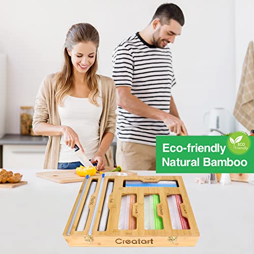 Creatart Bamboo Foil and Plastic Wrap Dispenser with Cutter 6 in 1 Ziplock Bag Storage Organizer for Drawer 12" Food Storage Bag Organizer for Gallon, Quart, Sandwich and Snack
