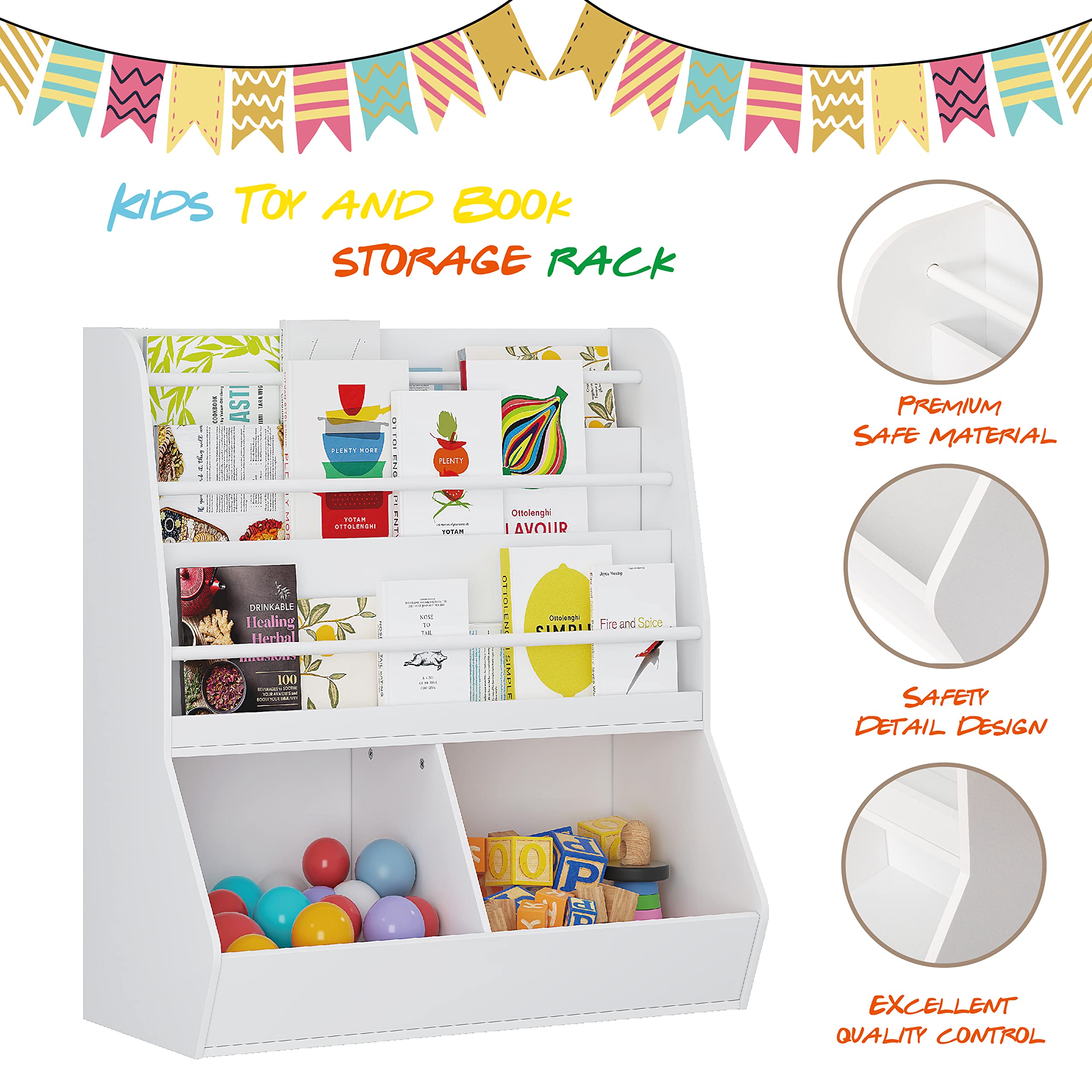 UTEX Kids Bookshelf and Toy Storage Cabinet, Kids Bookcase and Toy Organizer with Cubby, Kids Bookshelves Display Stand, Kids Book Rack for 3 Age+, White