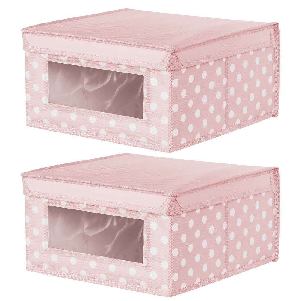 mDesign Medium Soft Stackable Fabric Baby Nursery Storage Organizer Holder Bin Box with Front Window and Lid for Child/Kids Bedroom, Playroom, Classroom - 2 Pack - Pink/White Polka Dot