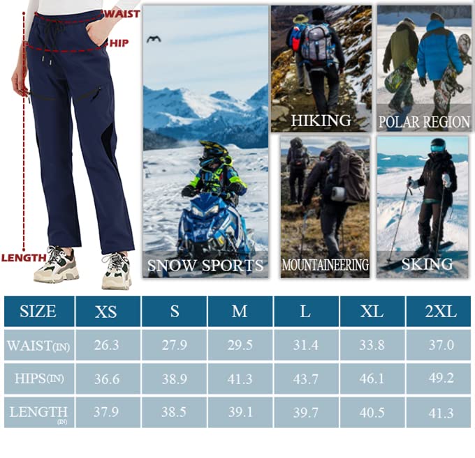 Apotemis Snow Pants Womens Ski Outdoor Insulated Waterproof Pants Softshell Fleece Lined Hiking Pants Drawstring with Zipper Pockets Blue X-Large