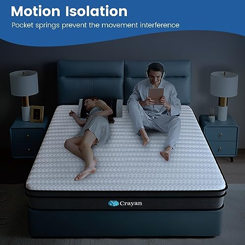 Crayan Queen Mattress, 12 Inch Memory Foam Mattress Queen Size, Hybrid Mattress in a Box with Individual Pocket Spring for Motion Isolation & Silent Sleep, Pressure Relief, CertiPUR-US