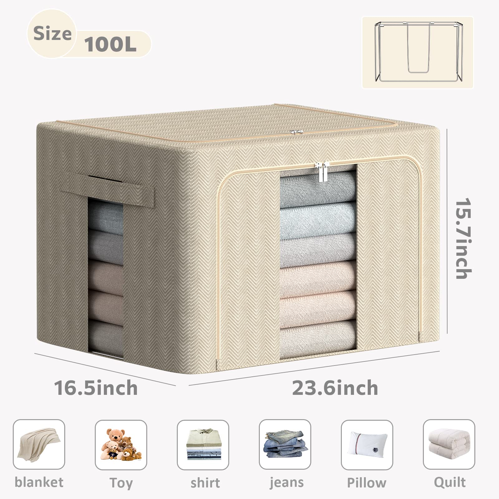 FHSQX Clothes Storage Organizer Bins- Stackable Storage Containers for Closet Foldable Storage Bins for Clothes with Clear Window & Carry Handles (Extra Large-100L(23.6x16.5x15.7inch), Beige)