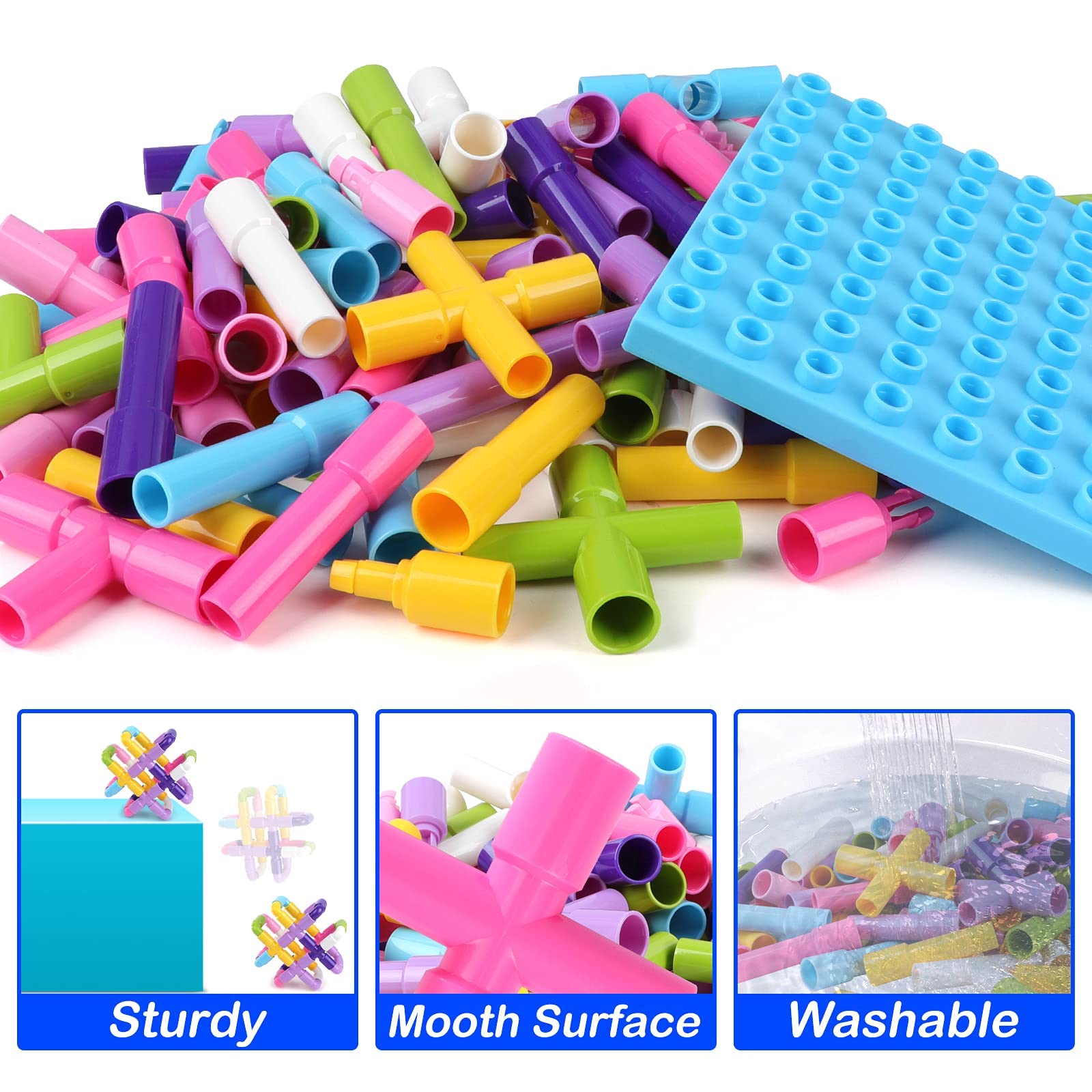 EP EXERCISE N PLAY 175 Piece Pipe Tube Sensory Toys, Tube Locks Construction Building Blocks with Wheels Baseplate, Preschool Educational STEM Building Learning Toys for Kid Ages 3+