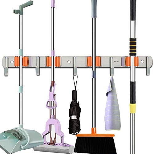 Broom Mop Holder Wall Mount Garage Storage Stainless Steel Heavy Duty Tools Hanger with 4 Racks 5 Hooks