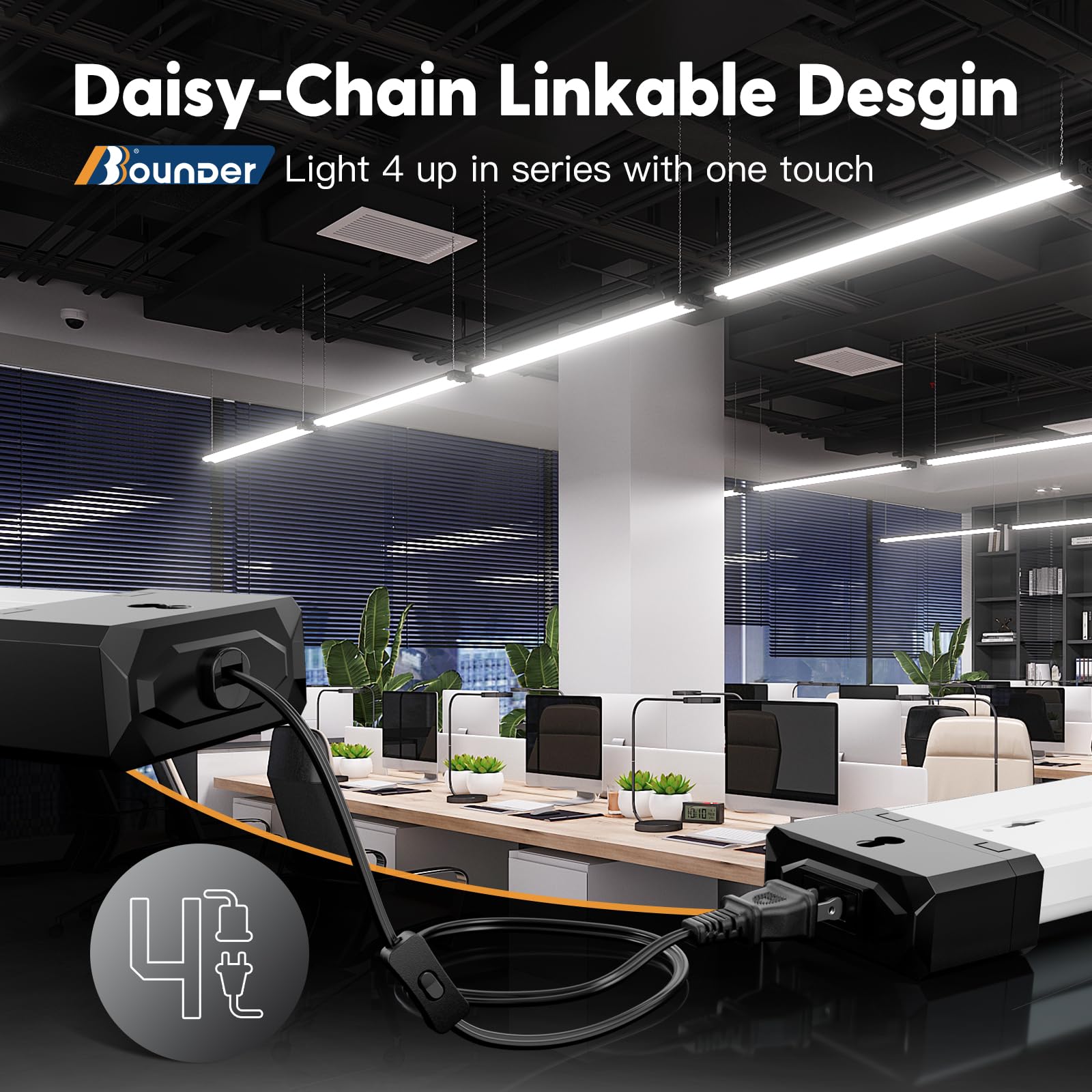 BBOUNDER 1 Pack Linkable LED Shop Light with Reflector, 4400 LM, 6500K Cool Daylight, 4 FT, 48 Inch Integrated Fixture for Garage, 40W Equivalent 250W, Surface & Suspension Mount, Black
