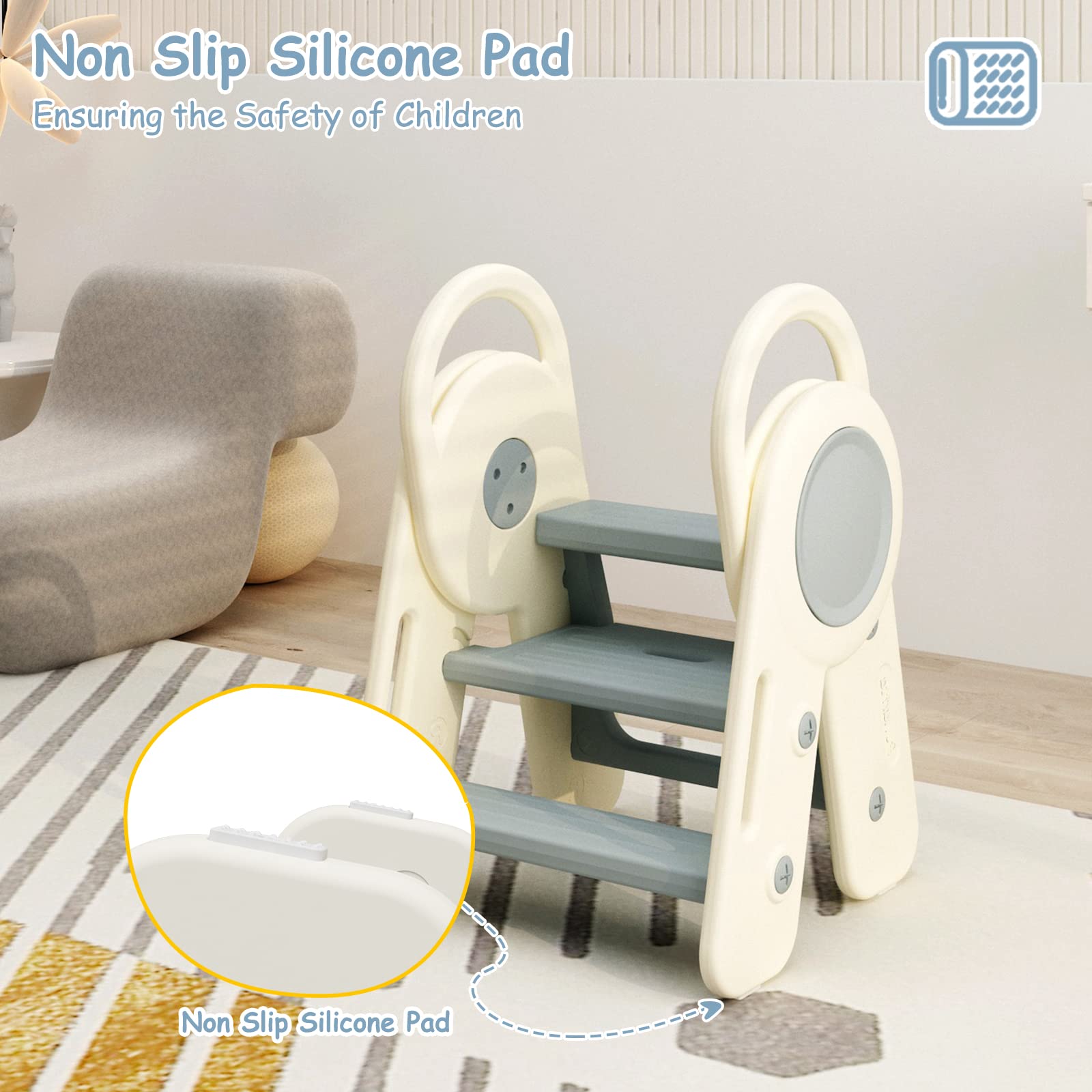 Benarita Step Stool for Toddler 3 Step Stool, Kids Foldable Step Stool for Bathroom Sink, Kitchen Counter Standing Tower, Step Ladder with Handles and Non-Slip Pads for Toilet Potty Training,Blue