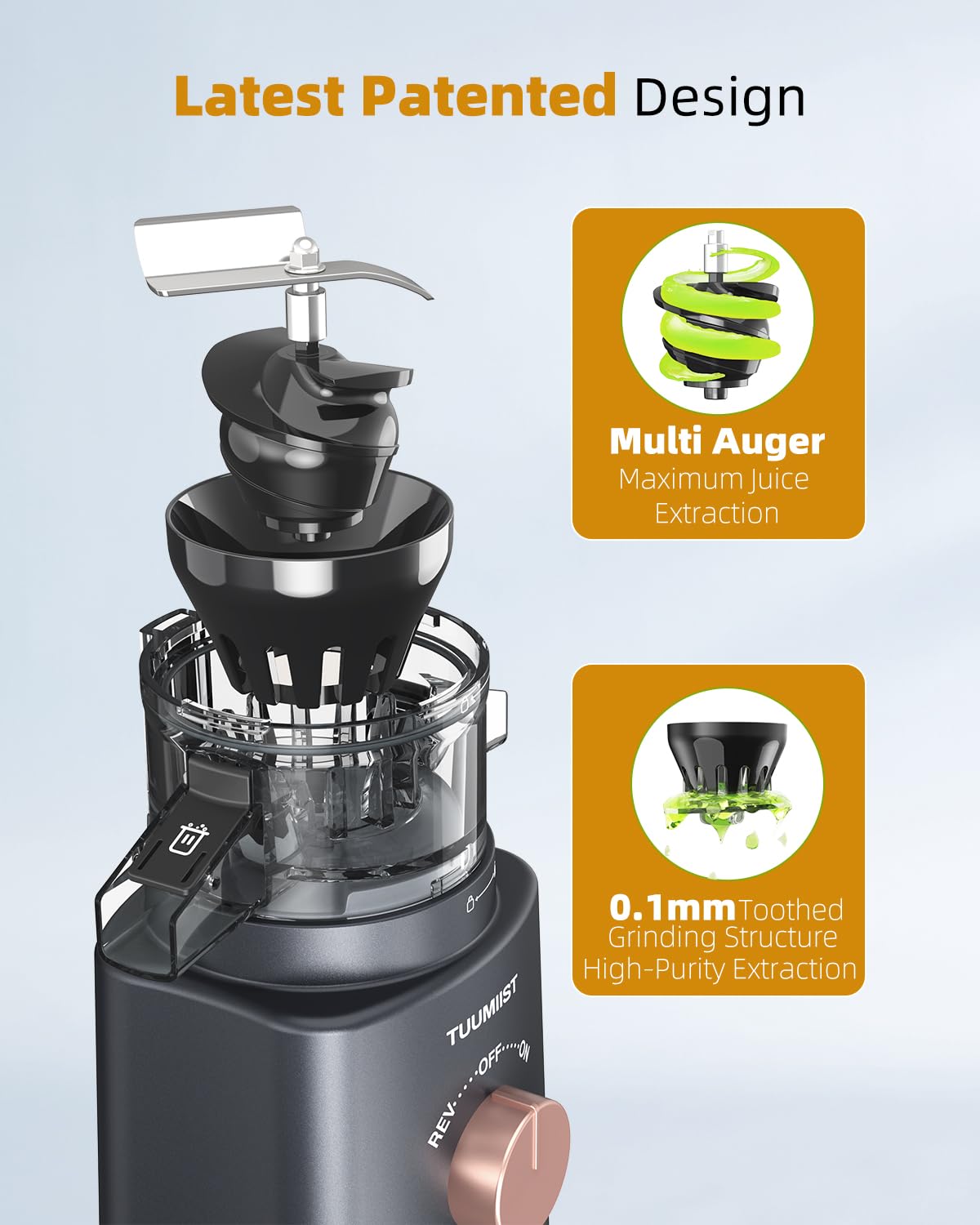 Juicer Machines, TUUMIIST Cold Press Juicer with 4.25'' Large Feed Chute Fit Whole Vegetable And Fruit, Masticating Juicer Easy To Clean, Gun Grey