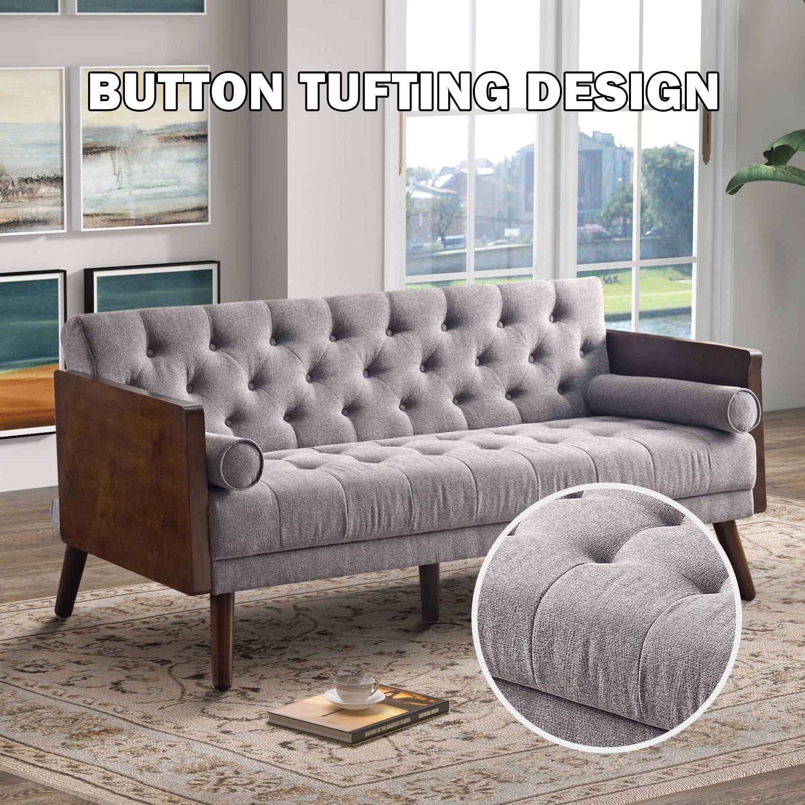 CANMOV Futon Sofa Bed, Sofa Cama, Sleeper Loveseat, Convertible Sleeper Sofa Bed Living Room, Wood Frame Loveseat Sleeper Sofa Bed with 2 Pillows for Small Spaces, Bedroom, Office, 70 Inch, Grey