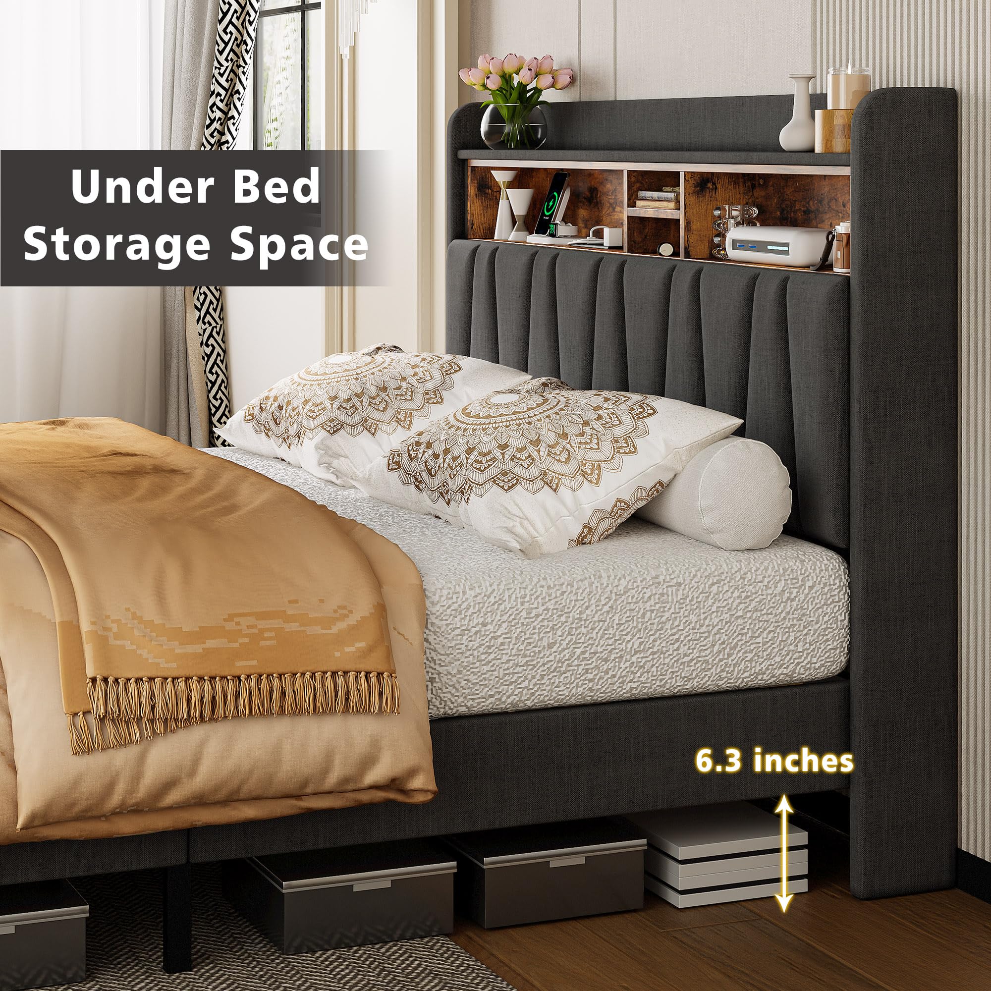 ANCTOR Full Bed Frame with Charging Station, Full Size Bed Frame with Storage Headboard, Modern Upholstered Platform Bed with Shelf Headboard, Easy Assembly, Noise-Free, Dark Grey