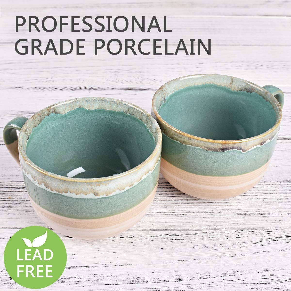 Bosmarlin Large Ceramic Coffee Mug Set of 2, Stoneware Jumbo Latte Mugs for Office and Home, 16 Oz, Dishwasher and Microwave Safe(Green, 2)