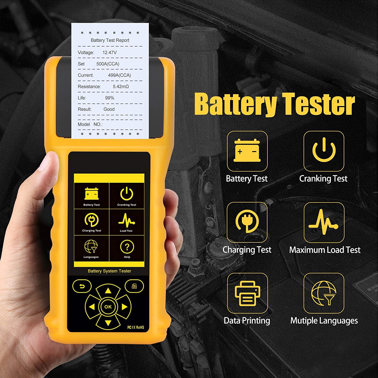 BELEY 12V/24V 30-1700 CCA Auto Battery Load Tester, Cranking and Charging System Diagnostic Tool with Built-in Thermal Printer for All Cars11