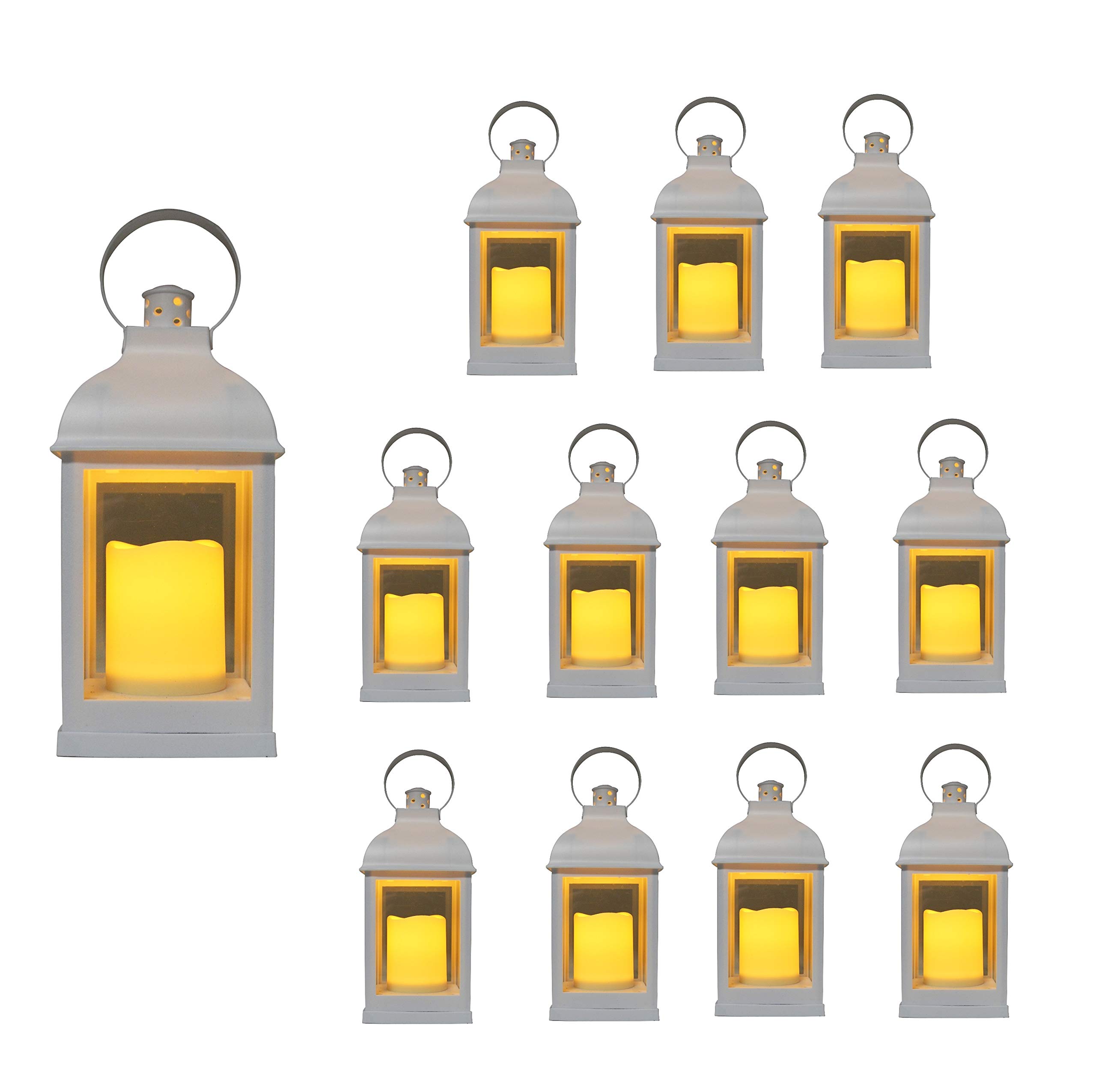 Just in Time for Winter (12 Pc Set) 10" Decorative Lanterns with Flameless LED Lighted Candle, 5 Hr Timer, Antique Look Indoor Outdoor Home, Garden, Weddings - White. Includes Bonus String Lights!
