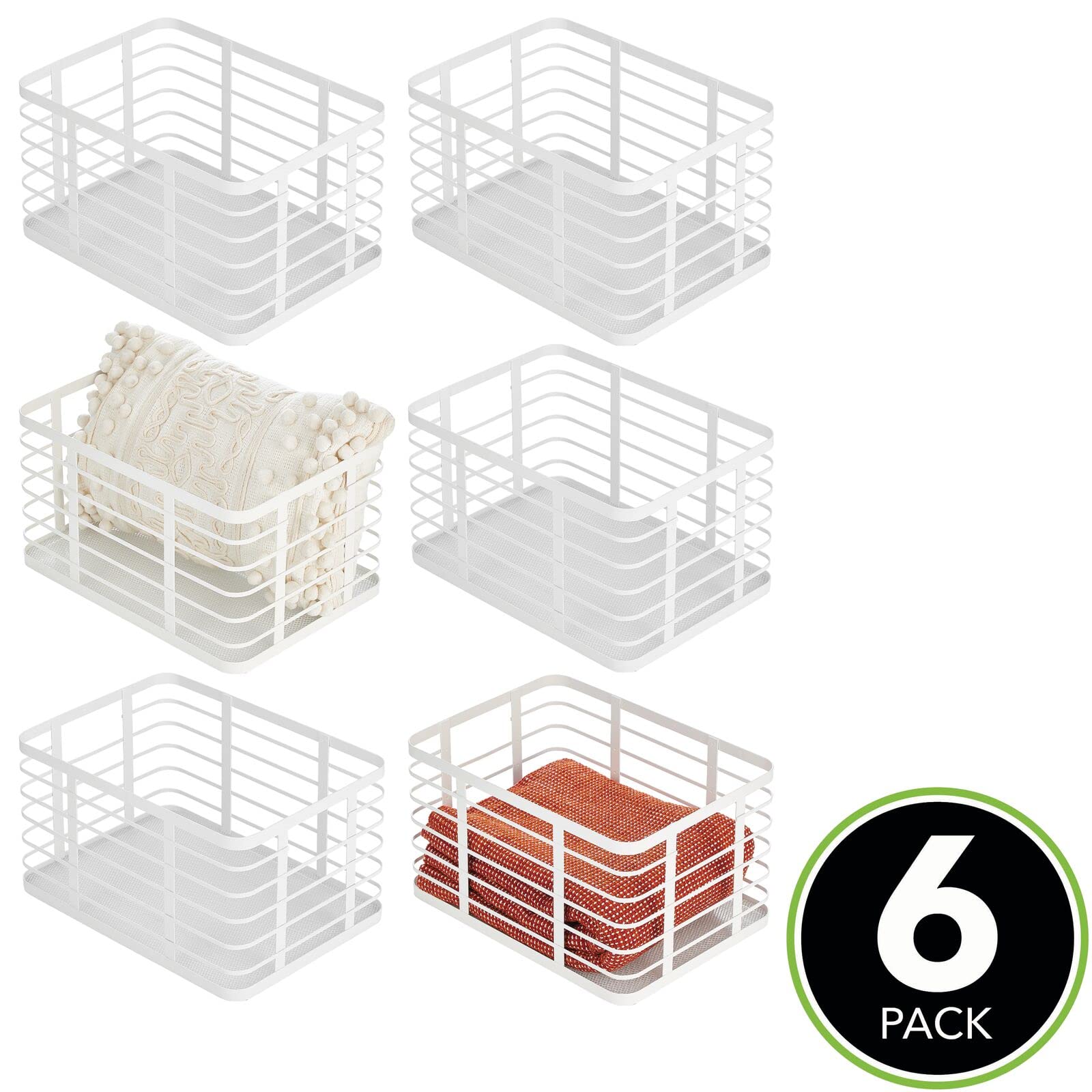 mDesign Metal Steel Wire Storage Basket Bin w/Built-in Handle, Open Top Industrial Design for Closet, Shelf Organization; Organize Clothes, Accessories, Carson Collection - 6 Pack - Matte White