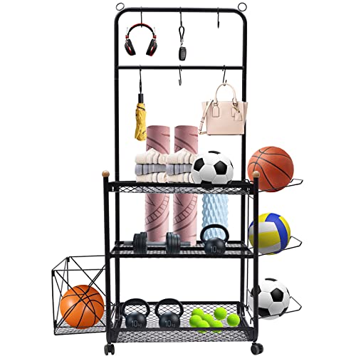 Ball Storage,Garage Sports Equipment Organizer,Garage Storage System,Ball Storage Rack,Garage Ball Storage,Sport Gear Storage,Garage Organizer with Basket and Hooks,Rolling Sports Ball Storage Cart
