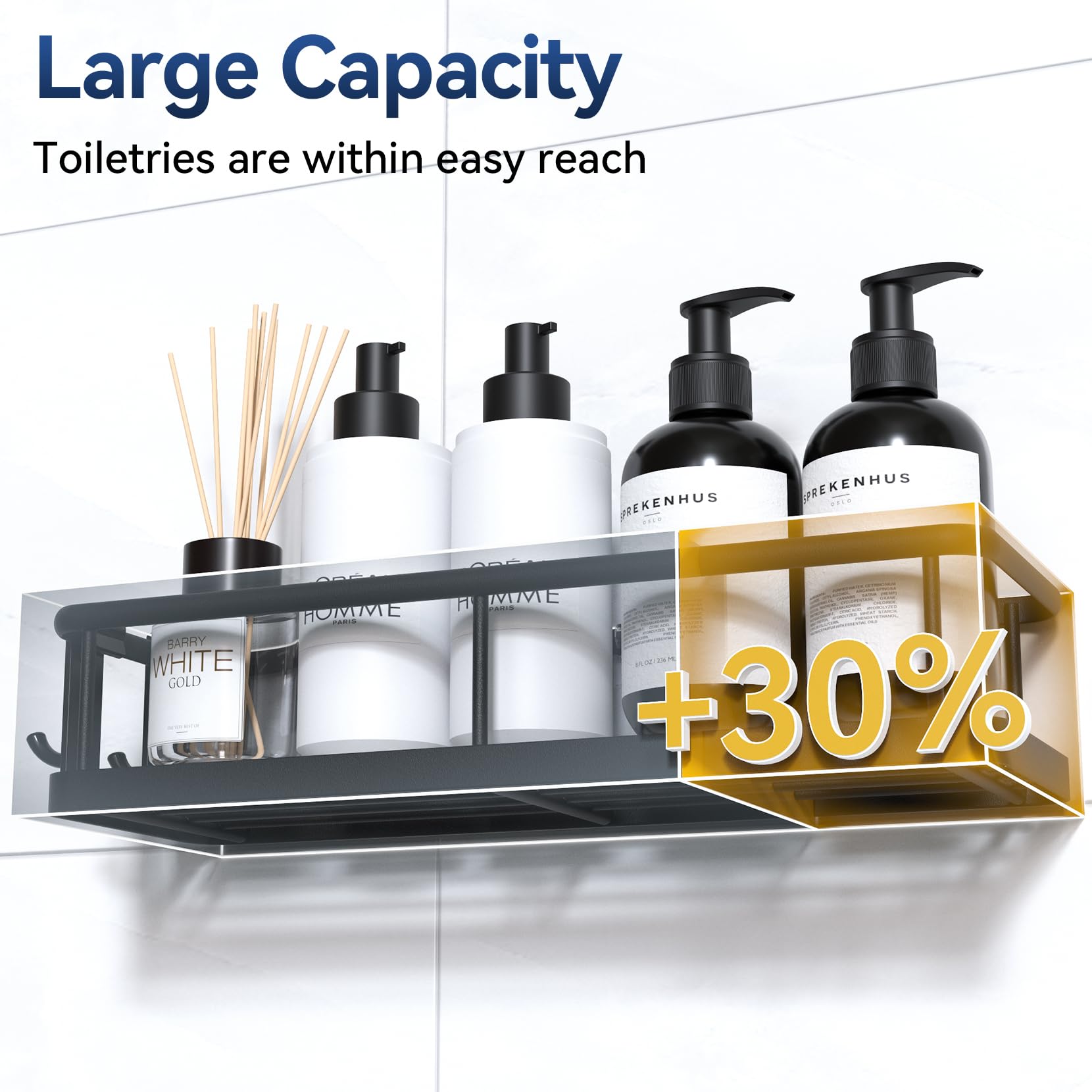 YASONIC Shower Caddy Adhesive, No Drill Bathroom Shower Organizers, with Removable Hooks, Rust Proof Shower Shelves, Wall-Mounted Shower Holder, Black, 2 Pack