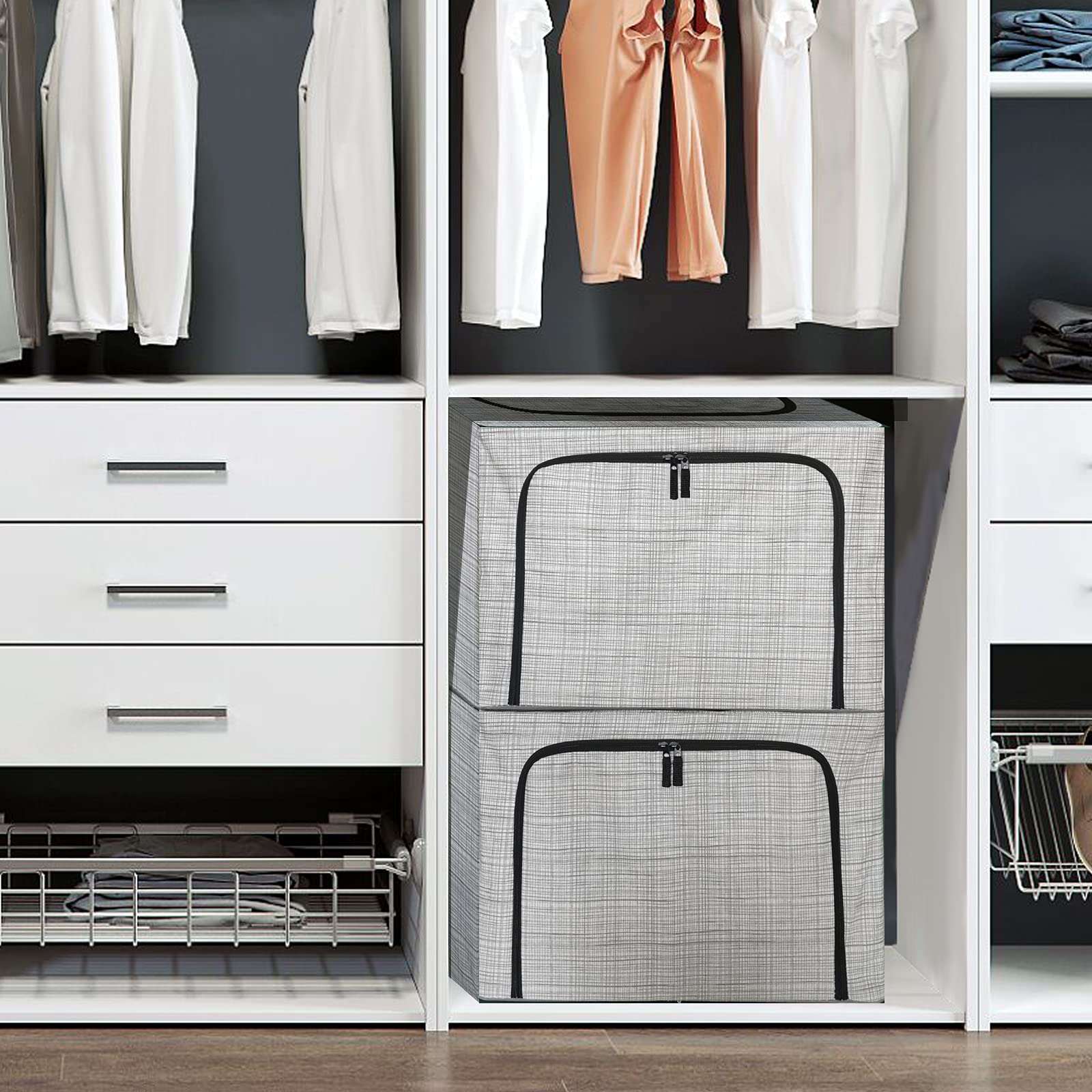 HOPABTO Blankets Storage Boxes Bins,72L 2pcs,Large Clothes Organizers,Double Opening With 4 Steel Frame,Foldable Oxford Containers for Comforters,Closet,Bedding(Gray)