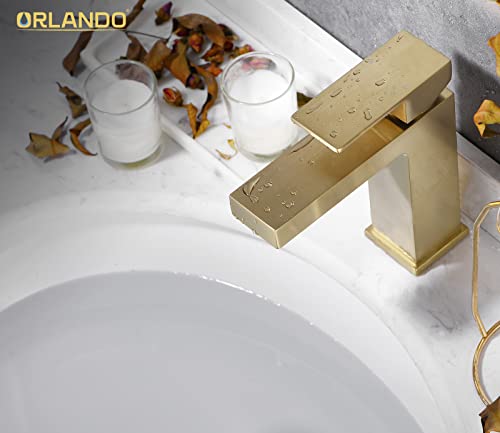 Brushed Gold Bathroom Faucet Single Hole, Modern Brass Bathroom Sink Faucet, Orlando Single Handle Vanity Faucet with Pop-up Drain Assembly and Supply Line, Brushed Gold